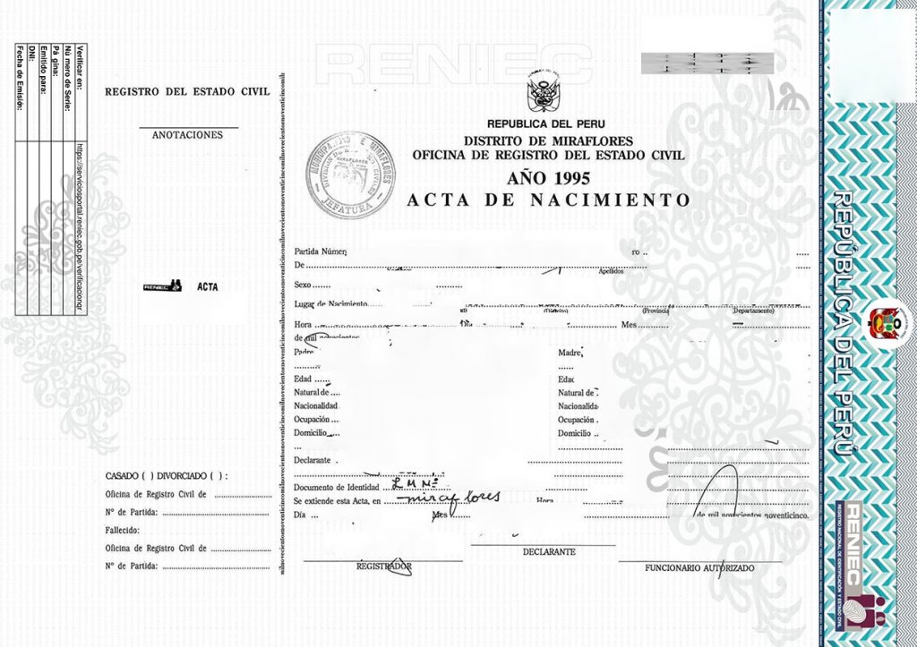 Acta de nacimiento Peru Digital Reniec - Urkundenübersetzer Online